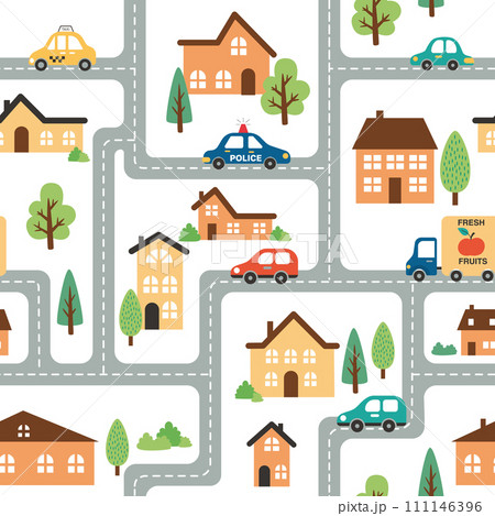 vector pattern with cars and housesのイラスト素材 [111146396] - PIXTA