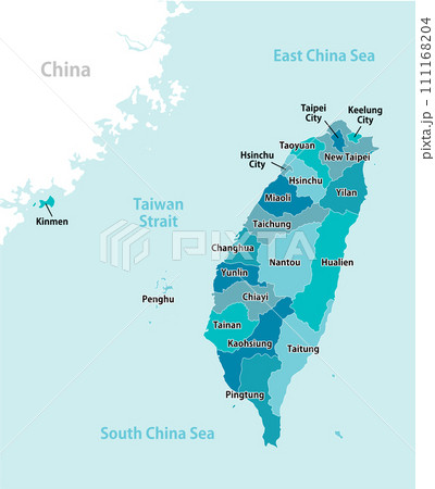 台湾有事 (台湾と中国 ) 地図・MAP / 台湾行政区分 (英語語)のイラスト素材 [111168204] - PIXTA