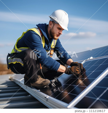 Technician installing solar panels on roof,...のイラスト素材 [111210617] - PIXTA
