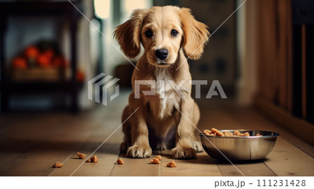 Pet feeding, bowl of kibble, canine delight.のイラスト素材 [111231428] - PIXTA