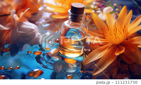 Aroma oil bottles on vibrant floral backdrop,...のイラスト素材 [111231730] - PIXTA