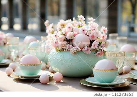 Easter mint and pink decor pink flowersのイラスト素材 [111273253] - PIXTA