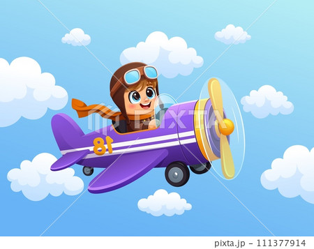 Kid flying on plane in sky clouds. Boy pilot on...のイラスト素材 [111377914 ...