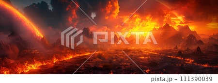 vast hellscape where fire is visible, beautiful...のイラスト素材 [111390039 ...