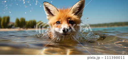 A close-up of a red fox swimming in a river, Ai...のイラスト素材 [111398011 ...