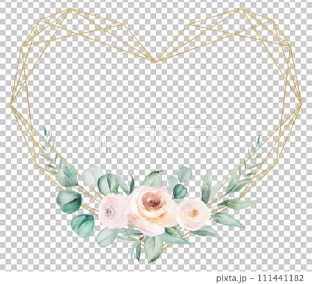 Golden heart frame with Watercolor pink flowers... - Stock Illustration ...