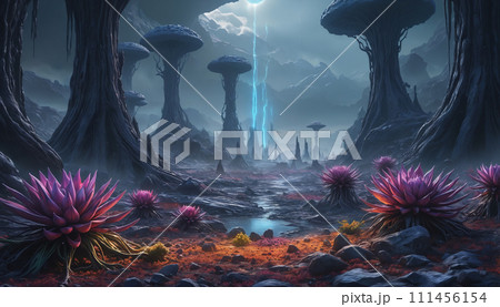 Alien wilderness: purple flora and towering treesのイラスト素材 [111456154 ...