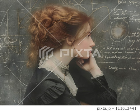 Beautiful young woman pondering on science problemのイラスト素材 [111612441 ...