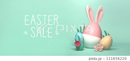 Easter sale message with Easter eggs and rabbit...のイラスト素材 [111656220 ...