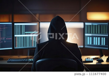 Silhouette of a hooded computer hacker behind...のイラスト素材 [111677400] - PIXTA