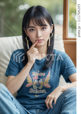 部屋でくつろぐAI美女「AI生成画像」のイラスト素材 [111766205] - PIXTA