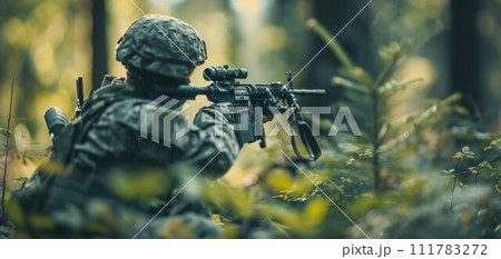 Soldier holding gun crouched and ambushed in...のイラスト素材 [111783272] - PIXTA