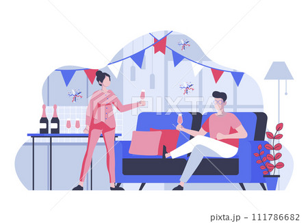Home party concept with cartoon people in flat...のイラスト素材 [111786682 ...