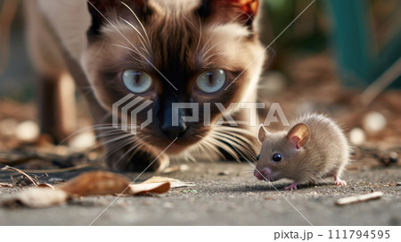 Siamese cat hunting to mouse, cute funny pet...のイラスト素材 [111794595] - PIXTA