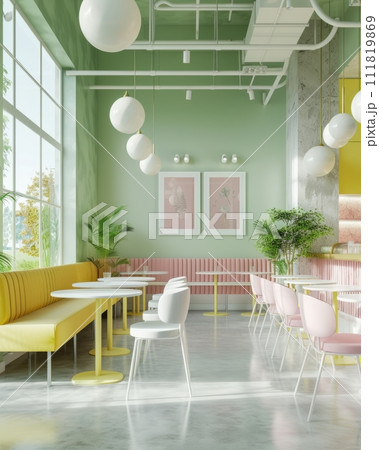 AI-generated content. Vibrant Green Themed Cafe...のイラスト素材 [111819869 ...