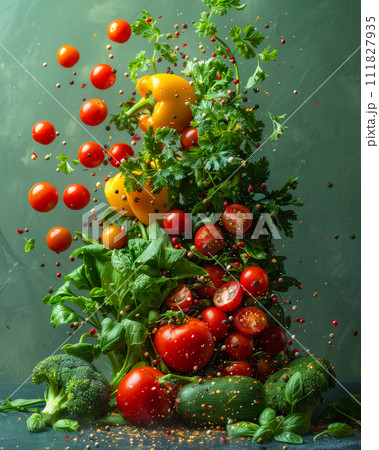 lots of different vegetables flying in the air...のイラスト素材 [111827935 ...