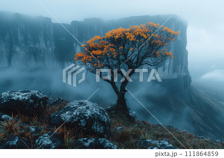 blooming tree at the edge of abyss on top of...のイラスト素材 [111864859] - PIXTA