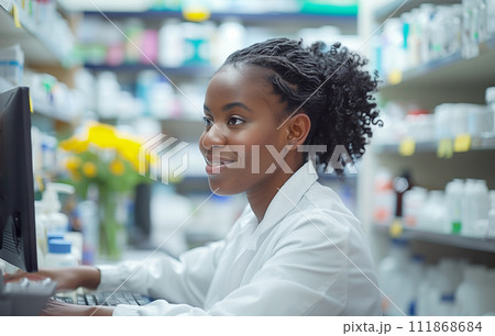Black female pharmacist using computer in pharmacyのイラスト素材 [111868684 ...