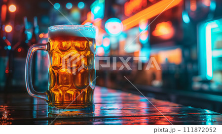 A cup of beer under neon bar lights.のイラスト素材 [111872052] - PIXTA