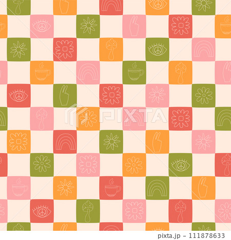 Pink checkered seamless patterns, retro repeat...のイラスト素材 [111878633 ...