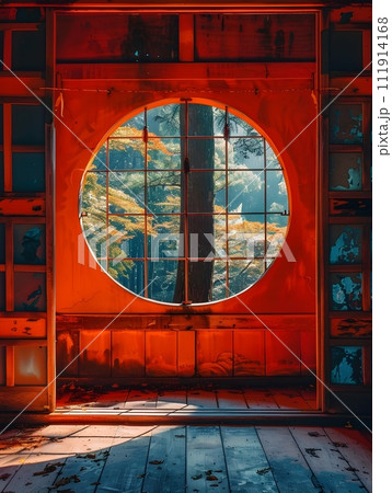 Traditional Japanese Home with Circular Orange...のイラスト素材 [111914168 ...