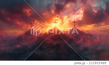 Rainbow Over Triune Gods Cross on Mountain Peakのイラスト素材 [111915489] - PIXTA