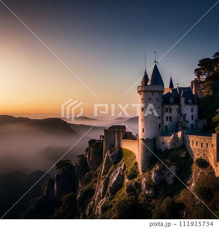 Landscape view of vintage Middle Ages castle...のイラスト素材 [111915734] - PIXTA