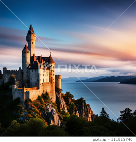 Landscape view of vintage Middle Ages castle...のイラスト素材 [111915740] - PIXTA