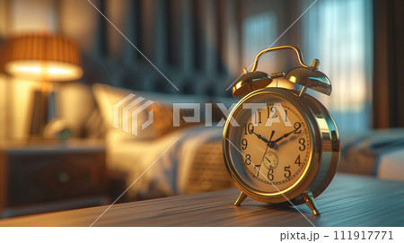 Close up alarm clock with blur white bed...のイラスト素材 [111917771] - PIXTA