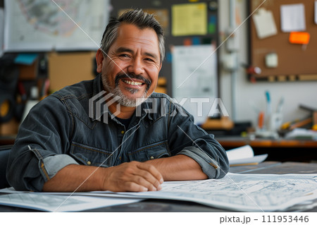 Smiling building contractor with blueprints on...のイラスト素材 [111953446 ...