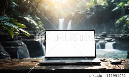 Laptop with blank white screen mock up on...のイラスト素材 [111991921] - PIXTA