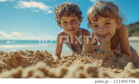 Two children building a sandcastle, teamwork...のイラスト素材 [111995706] - PIXTA