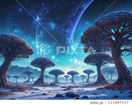 Alien planet trees under starry skyのイラスト素材 [111997517] - PIXTA