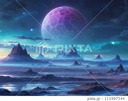 Purple alien planet: night sky mountain viewのイラスト素材 [111997544] - PIXTA