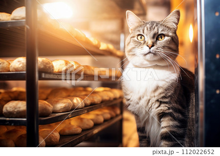 Funny cat in a bakery against the background of...のイラスト素材 [112022652 ...