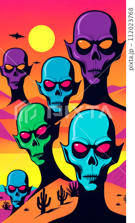 A group of colorful evil alien heads on a...のイラスト素材 [112023768] - PIXTA