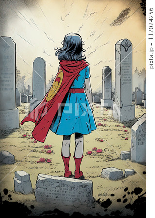 Superhero Little girl at cemetery in front of a...のイラスト素材 [112024256 ...