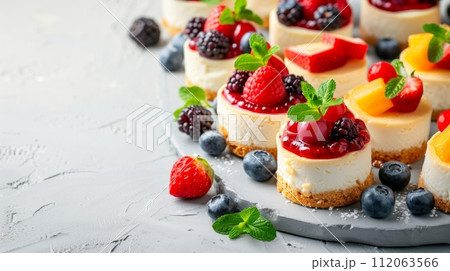 A charming display of mini cheesecakes topped...のイラスト素材 [112063566] - PIXTA