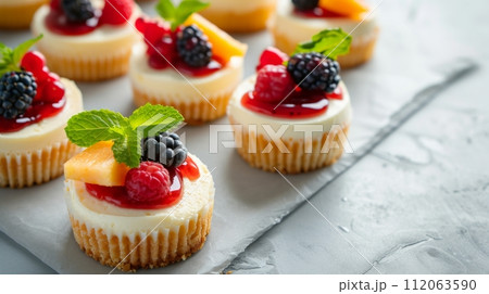 A charming display of mini cheesecakes topped...のイラスト素材 [112063590] - PIXTA