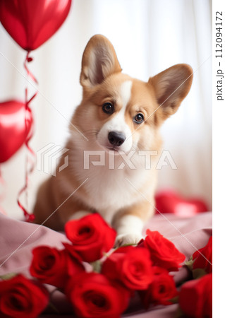 Adorable corgi dog surrounded by red roses and...のイラスト素材 [112094172 ...