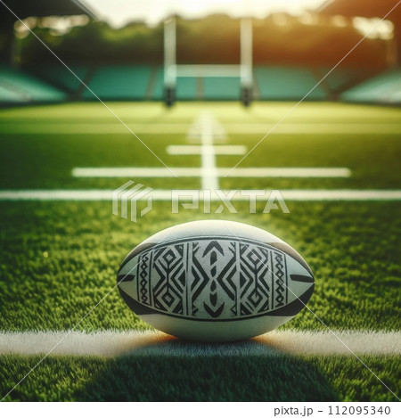 Rugby ball adorned with simple tribal patterns,...のイラスト素材 [112095340 ...