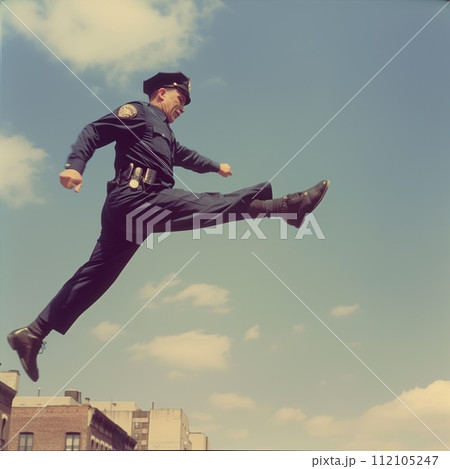 AI-generated content. Policeman jumping high on...のイラスト素材 [112105247 ...