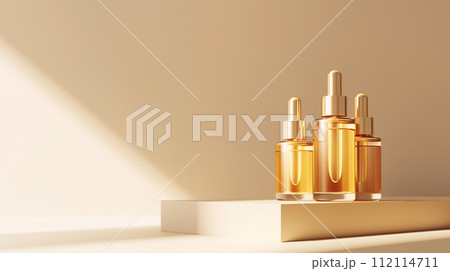 A trio of golden-hued luxury skincare oil...のイラスト素材 [112114711] - PIXTA