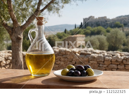 Ceramic plate full of selected olives and glass...のイラスト素材 [112122325 ...