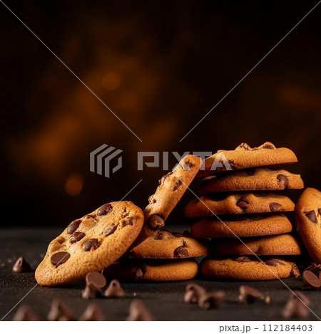Chocolate chip cookies scattered with chocolate...のイラスト素材 [112184403 ...