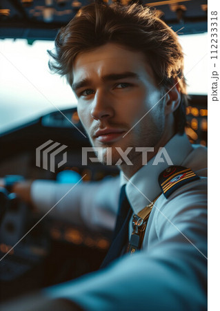 Caucasian male airplane captain wearing uniform...のイラスト素材 [112233318 ...