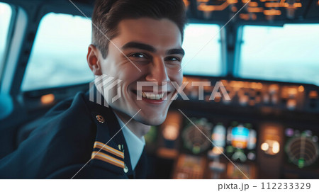 Caucasian male airplane captain wearing uniform...のイラスト素材 [112233329 ...