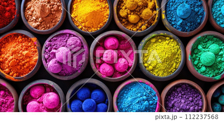 Holi colorful powder with pressed balls in clay...のイラスト素材 [112237568 ...