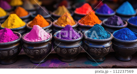 Holi powder in a pots. Colorful Holi pigment...のイラスト素材 [112237569] - PIXTA