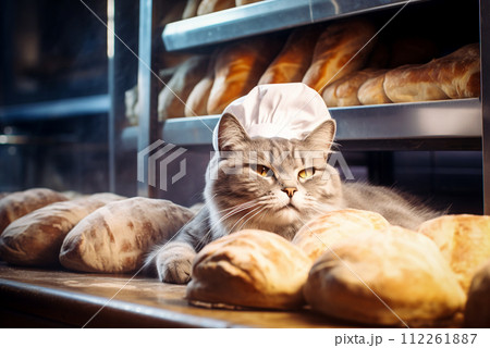 Funny cat in a bakery against the background of...のイラスト素材 [112261887 ...